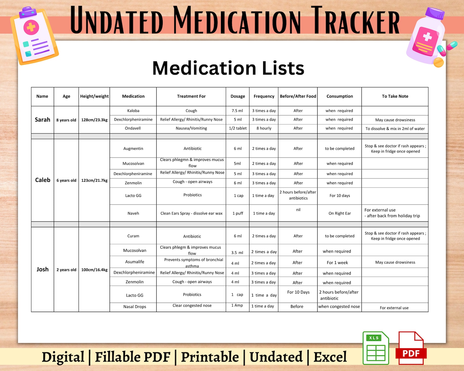 Excel Medication Tracker | Medication Lists | Printable | Fillable PDF ...