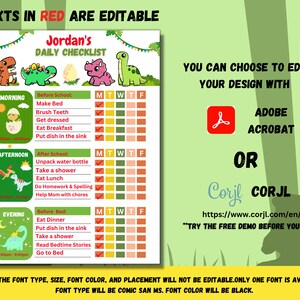 Editable Kids Daily School Checklist, Printable Dinosaur ,daily Chores ...