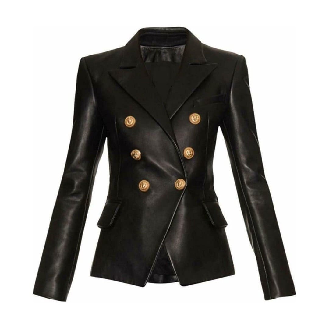 Black Leather Blazer Ladies With Double Breasted Front and Lapels ...
