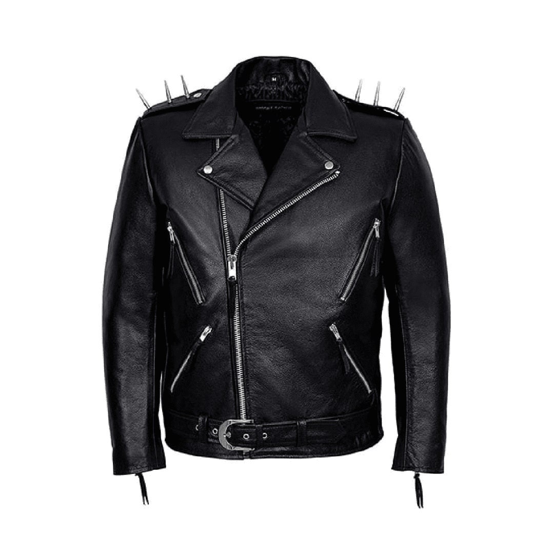 Black Leather Biker Jacket Men With Spikes on Shoulders Black Leather ...