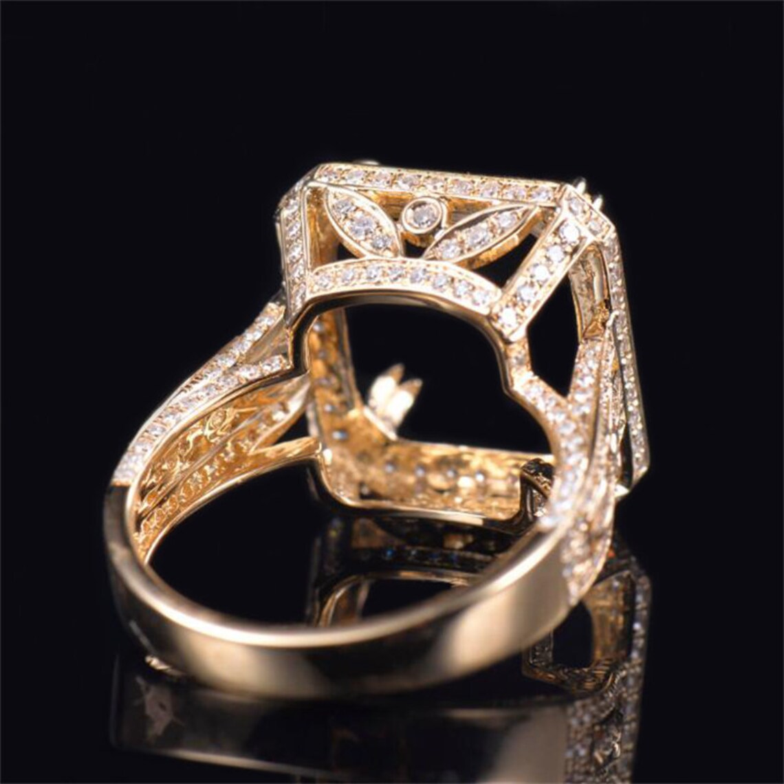 Big Emerald Cut Semi Mount Yellow Gold Ring Classical Fancy Antique ...