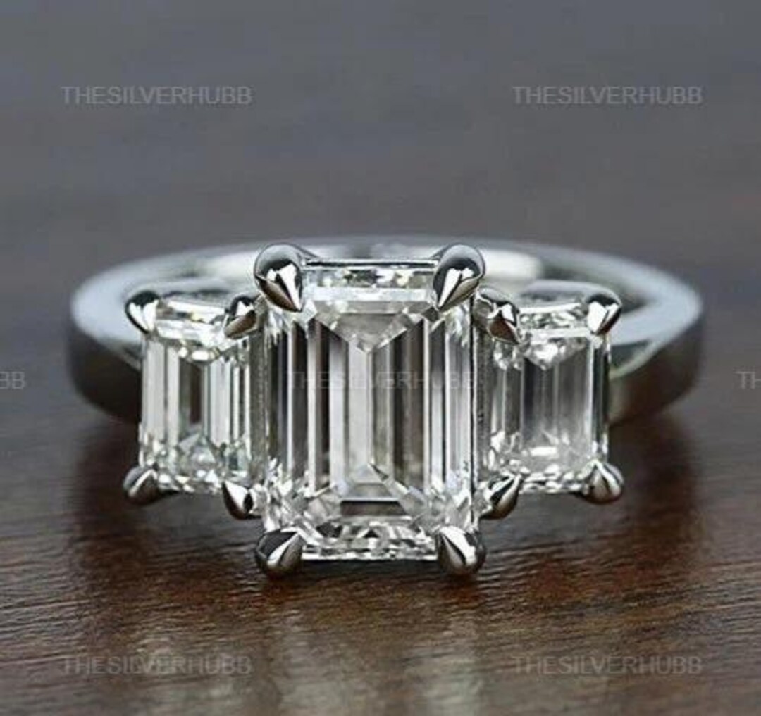Three Stone Emerald Cut Engagement Ring AAA Star Cut Ring 925 Sterling ...