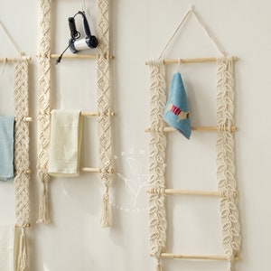 Macrame Towel Holder Wall Towel Rack Wood Towel Ladder Towel Hanger ...