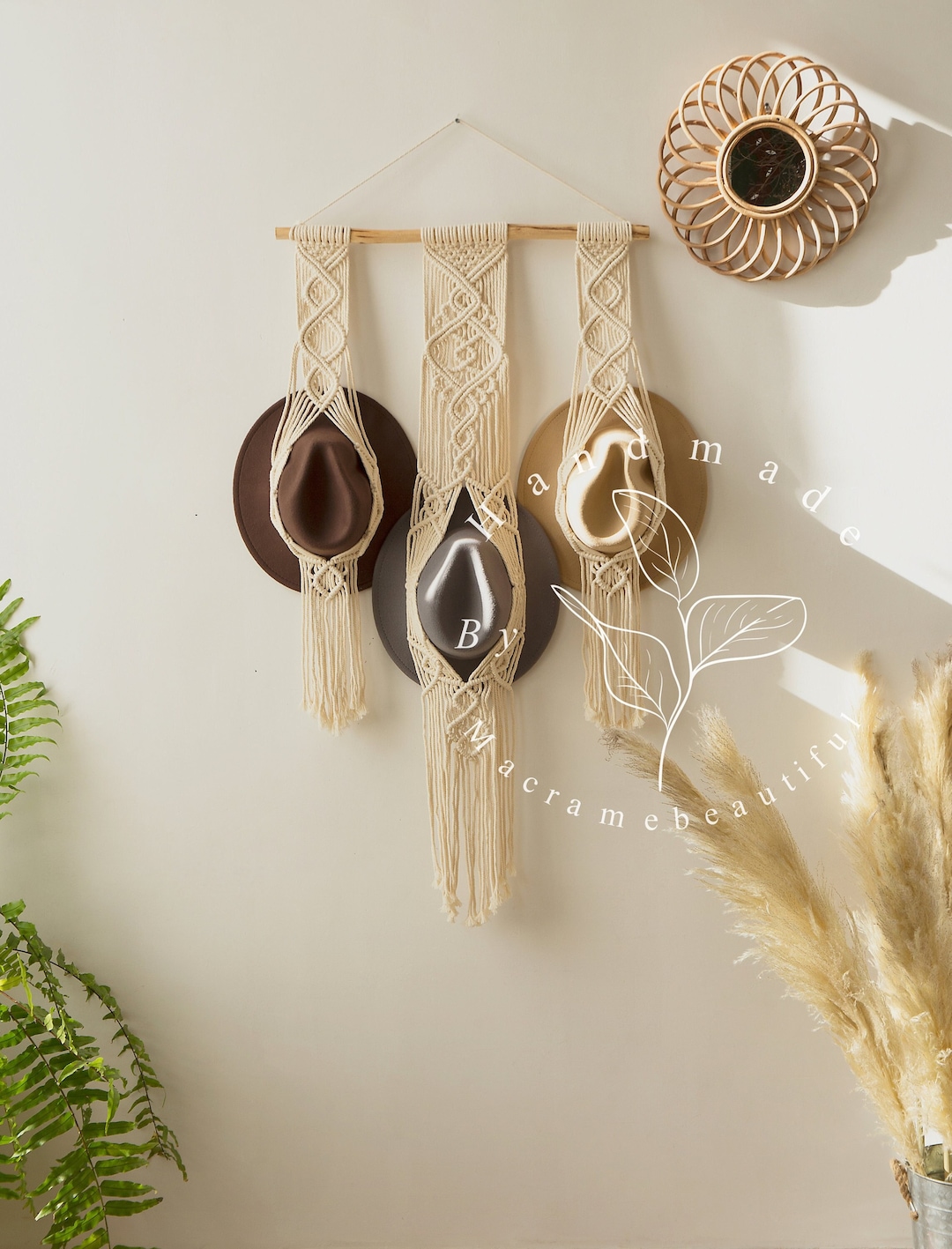 Macrame Hat Holder Triple Macrame Hat Hanger Hat Rack for Wall Cowboy ...