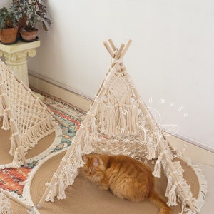 Cat Tent Bed Macrame Pet Teepee With Mat Dog Tent Pet Adventure Tent ...