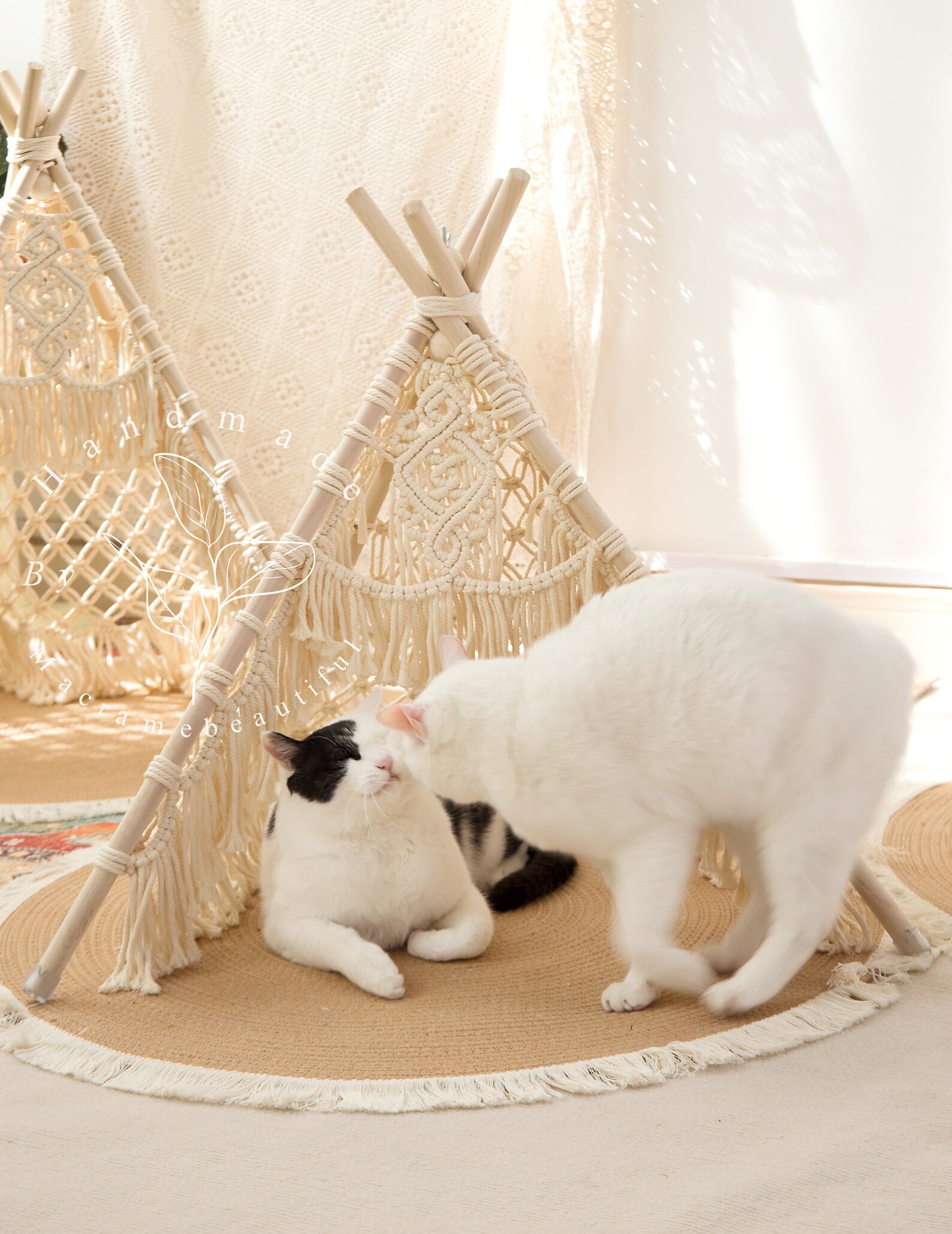 Handmade Macrame Pet Teepee With Jute Mat Wooden Dog House Cat Tent ...