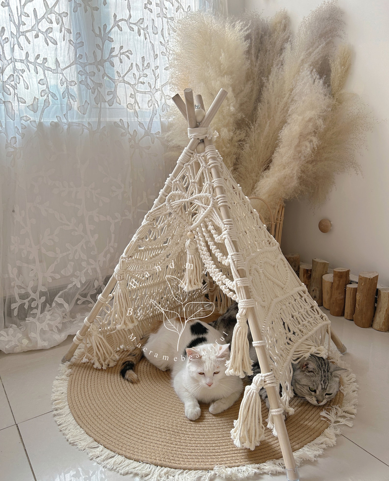 Boho Cat Bed Macrame Cat Dog Tent Handmade Cat Cave Wooden Dog House ...