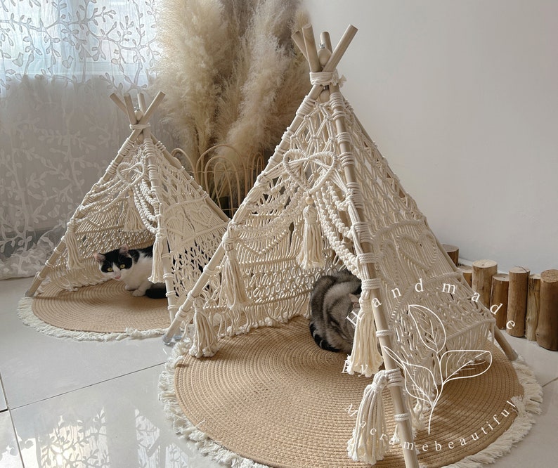 Boho Cat Bed Macrame Cat Dog Tent Handmade Cat Cave Wooden Dog House ...