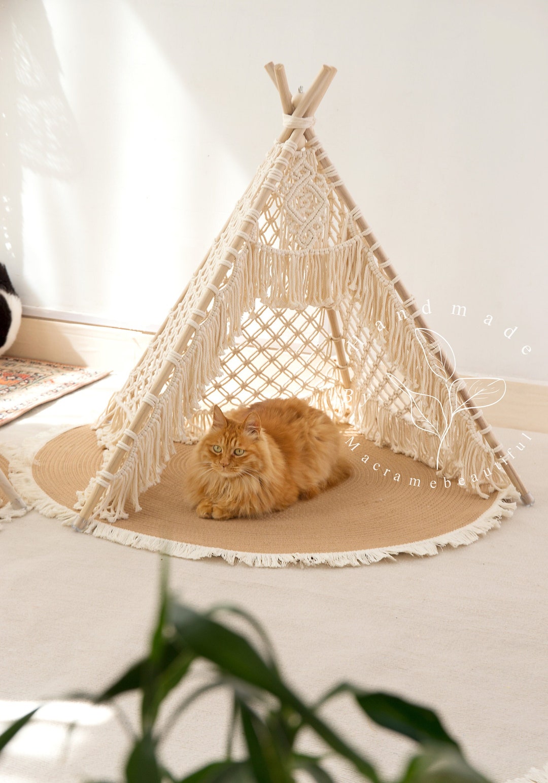 Handmade Macrame Pet Teepee With Jute Mat Wooden Dog House Cat Tent ...