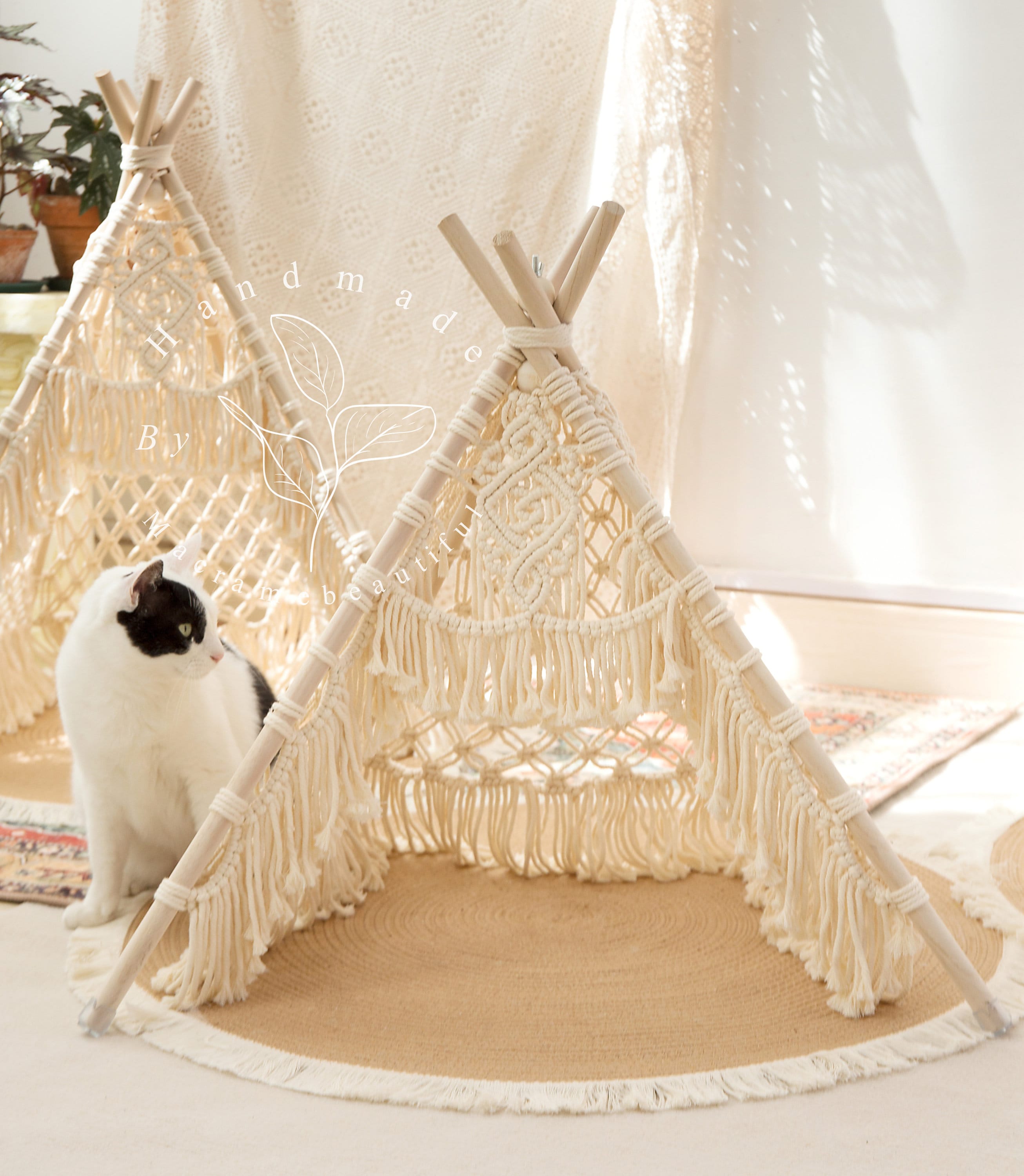 Handmade Macrame Pet Teepee With Jute Mat Wooden Dog House Cat Tent ...