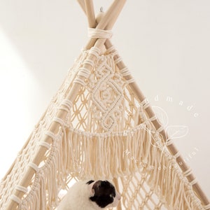 Handmade Macrame Pet Teepee With Jute Mat Wooden Dog House Cat Tent ...