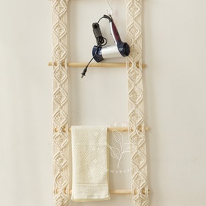 Macrame Towel Holder Wall Towel Rack Wood Towel Ladder Towel Hanger ...