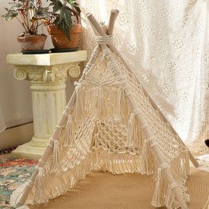 Macrame Pet Teepee With Mat Handmade Cat Tent Wooden Dog House Boho Cat ...