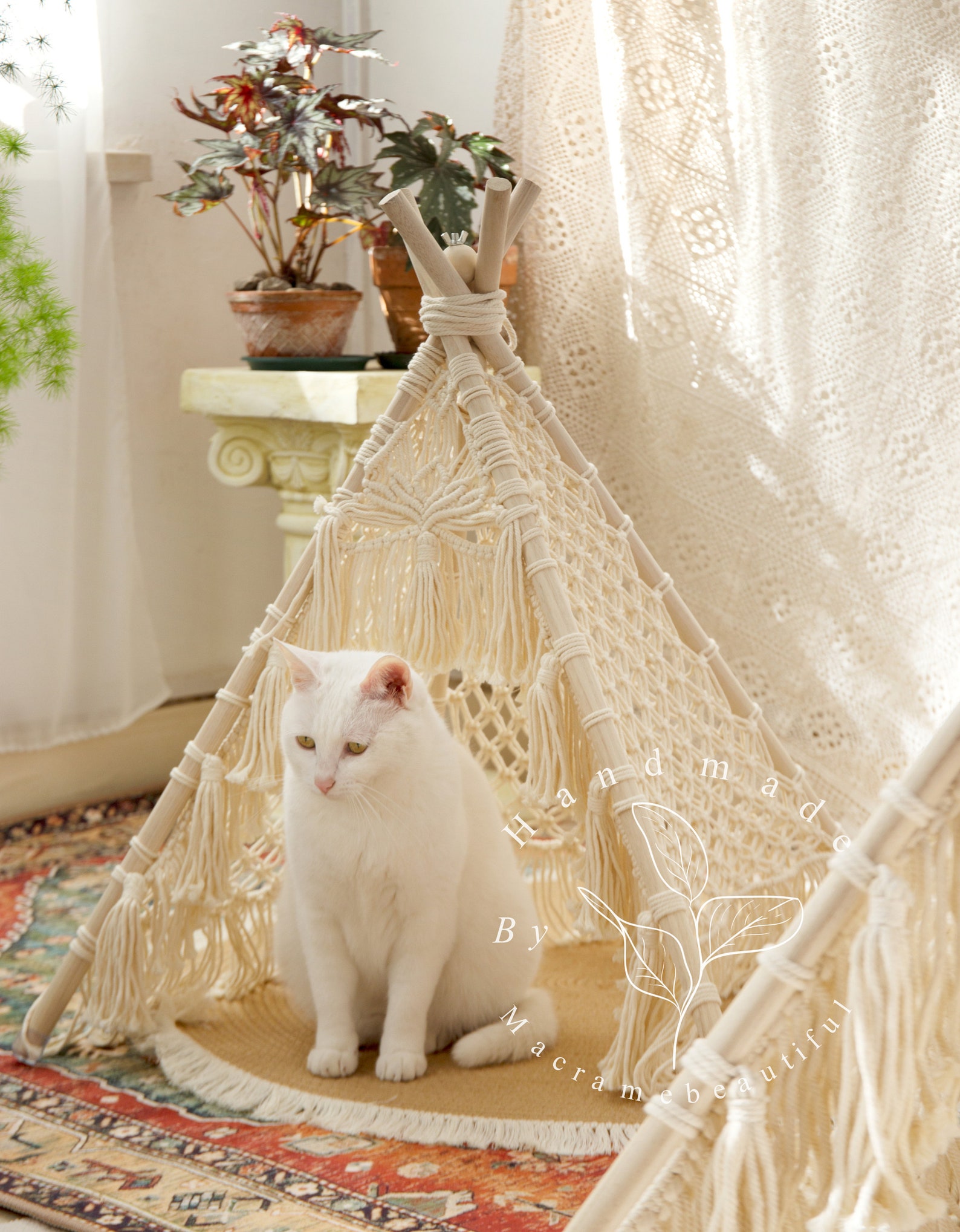 Macrame Pet Teepee With Mat Handmade Cat Tent Wooden Dog House Boho Cat ...