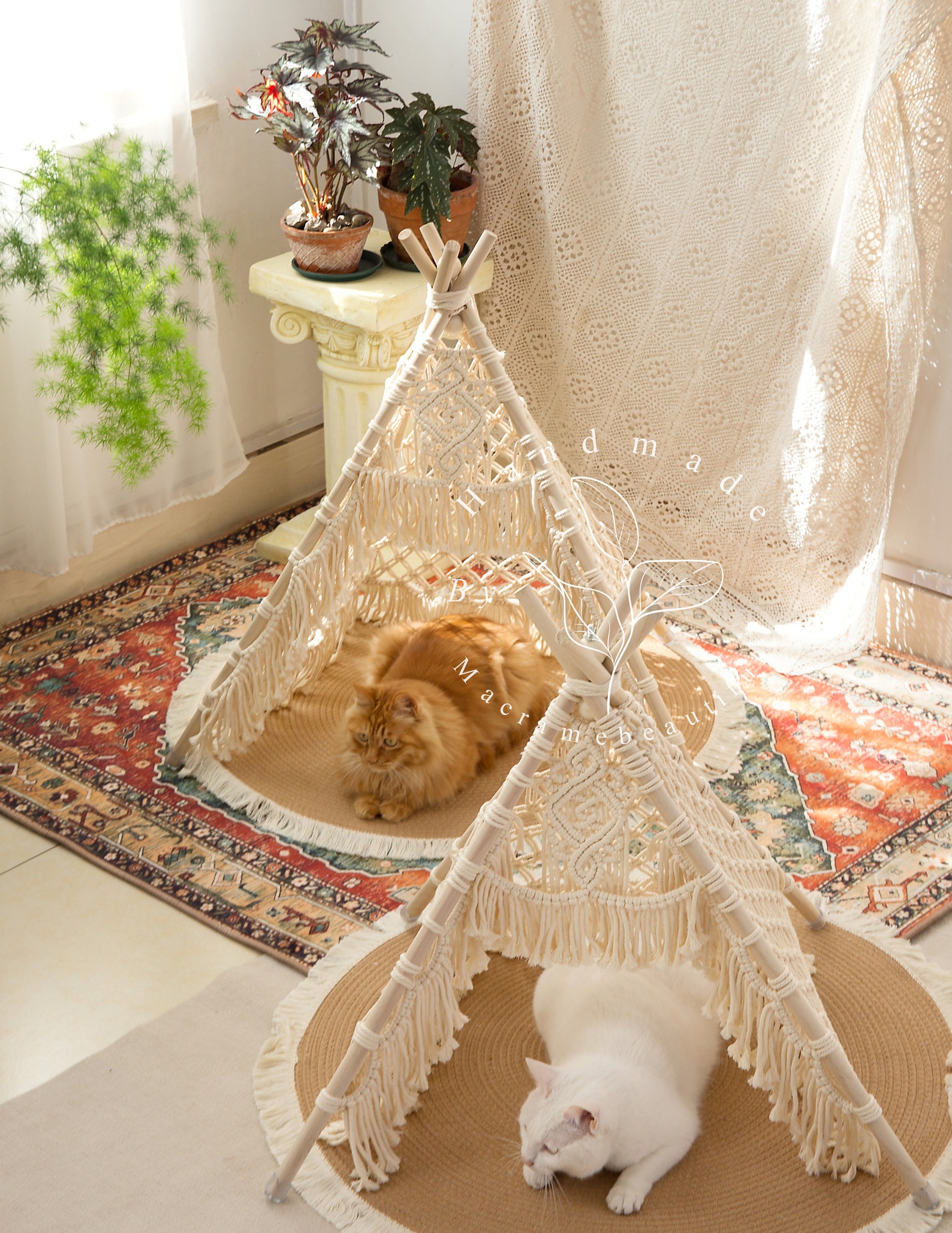 Handmade Macrame Pet Teepee With Jute Mat Wooden Dog House Cat Tent ...