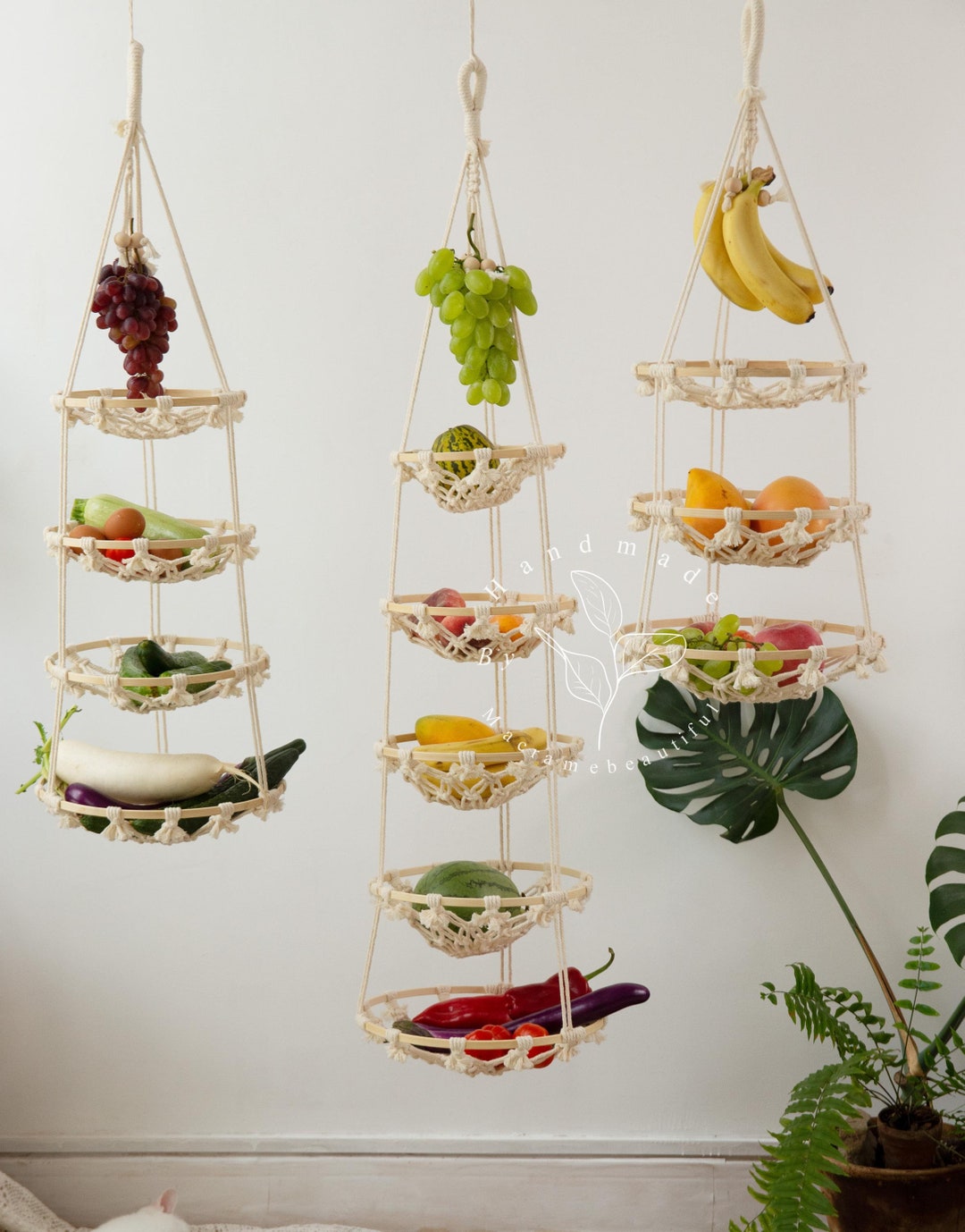 5 Tier Hanging Fruit Basket With Banana Hanger Macrame Fruit Hammock ...