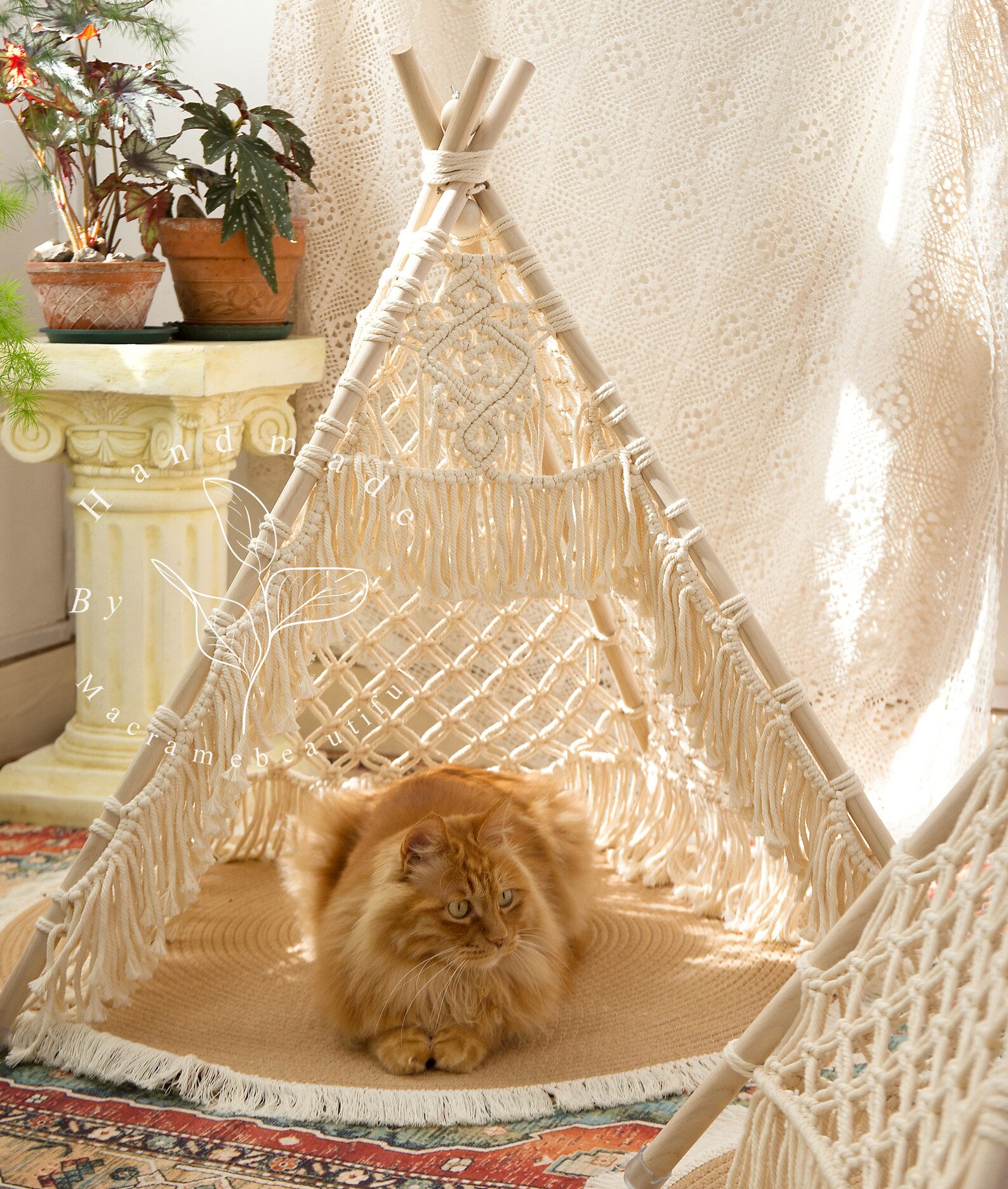 Handmade Macrame Pet Teepee With Jute Mat Wooden Dog House Cat Tent ...
