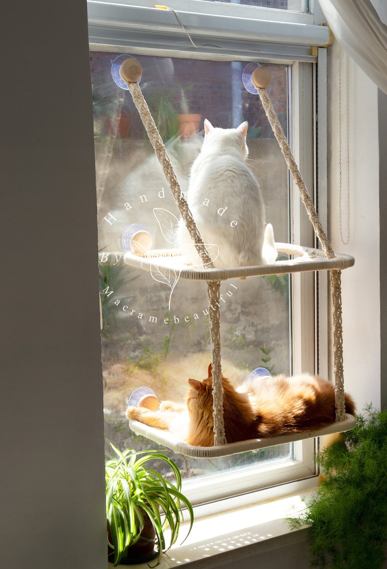 2 Tier Cat Window Perch Cat Window Bed Macrame Cat Hammock Cat Wall ...