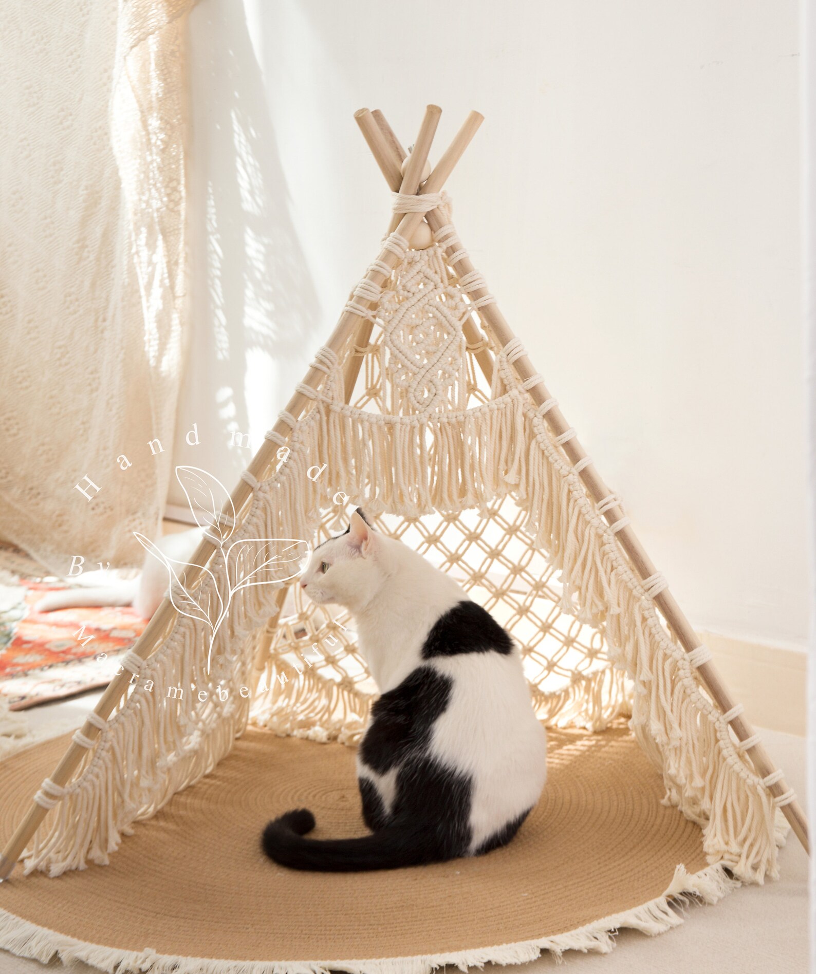 Handmade Macrame Pet Teepee With Jute Mat Wooden Dog House Cat Tent ...