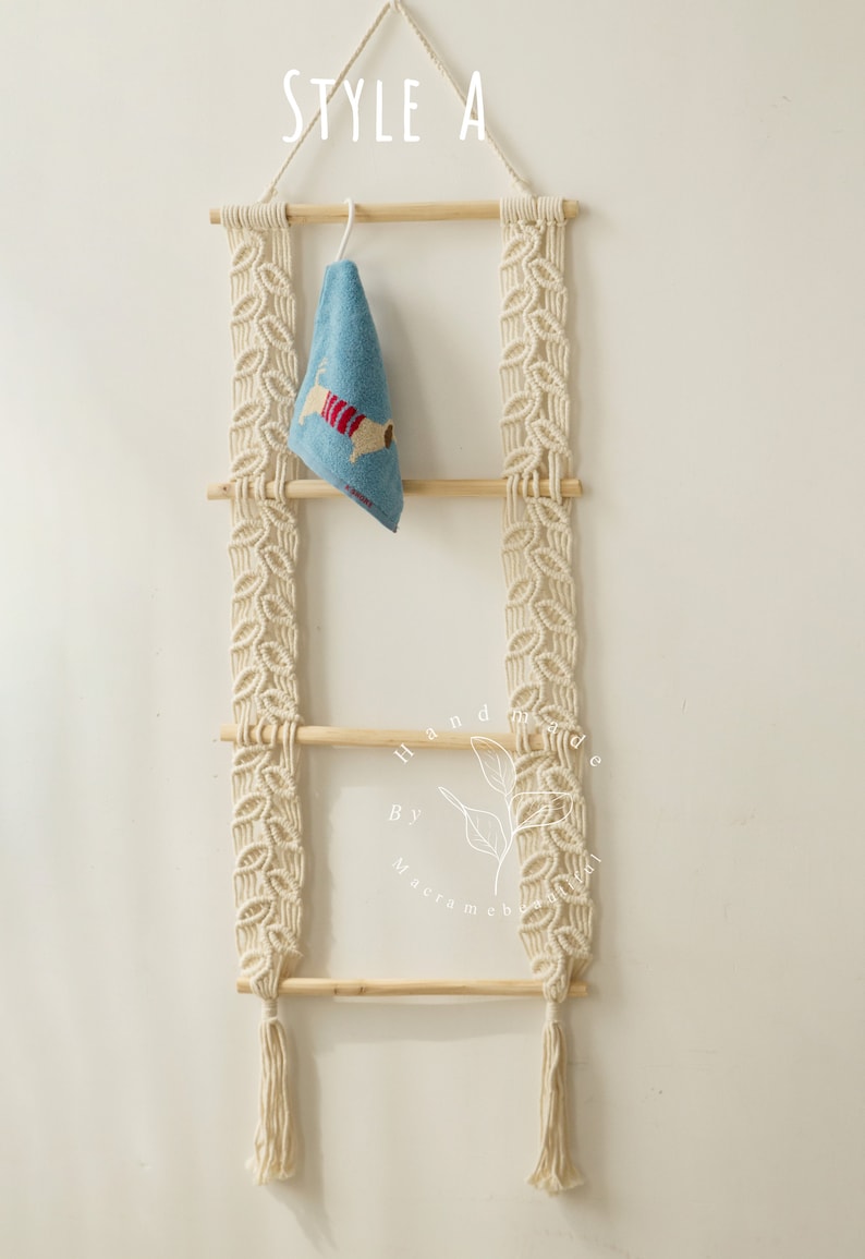Macrame Towel Holder Wall Towel Rack Wood Towel Ladder Towel Hanger ...