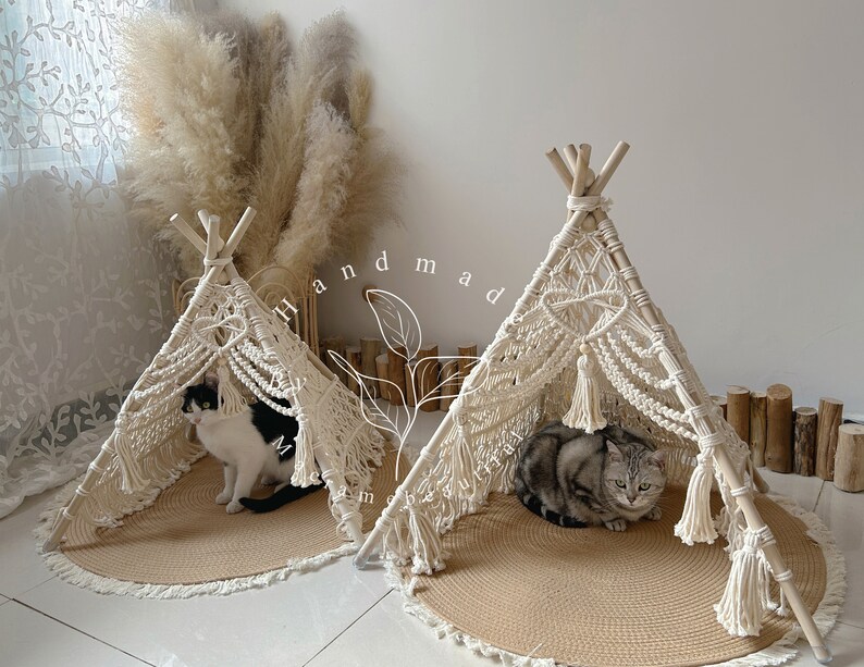 Boho Cat Bed Macrame Cat Dog Tent Handmade Cat Cave Wooden Dog House ...