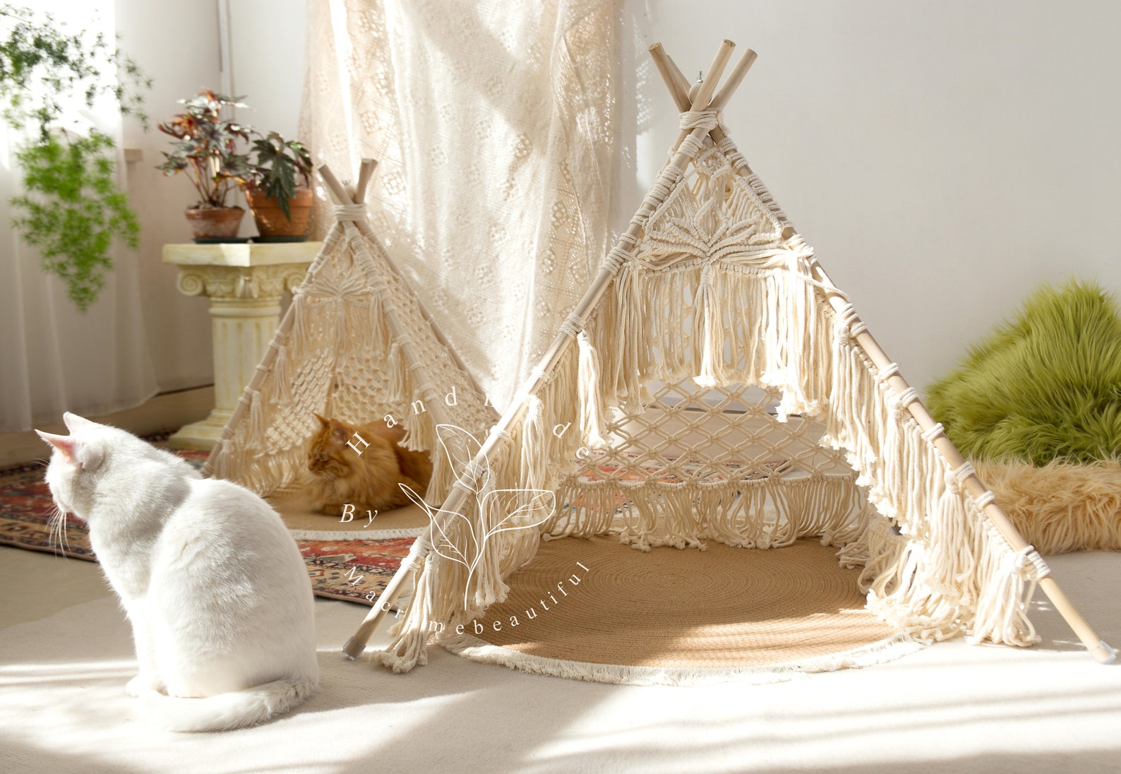 Macrame Pet Teepee With Mat Handmade Cat Tent Wooden Dog House Boho Cat ...