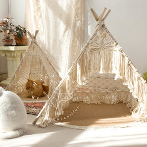 Macrame Pet Teepee With Mat Handmade Cat Tent Wooden Dog House Boho Cat ...