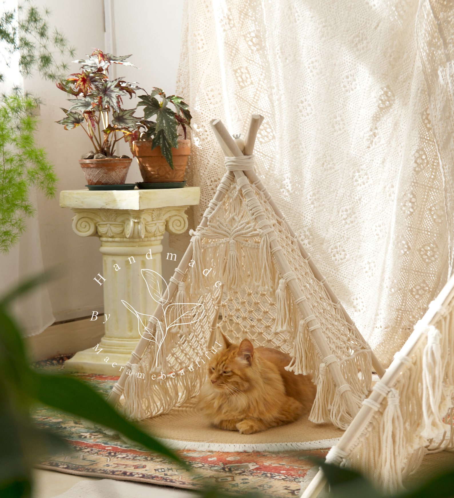 Macrame Pet Teepee With Mat Handmade Cat Tent Wooden Dog House Boho Cat ...