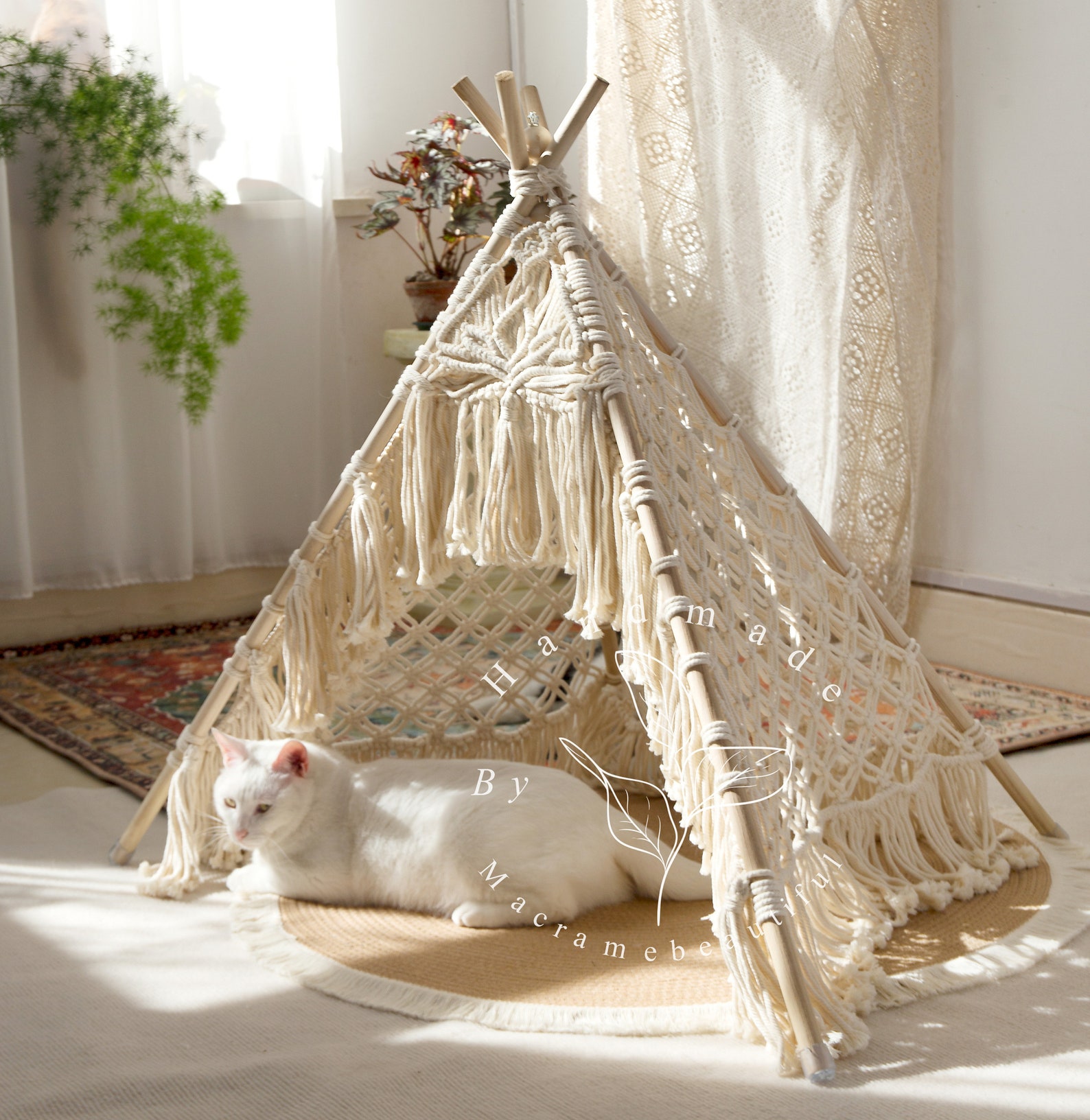 Macrame Pet Teepee With Mat Handmade Cat Tent Wooden Dog House Boho Cat ...