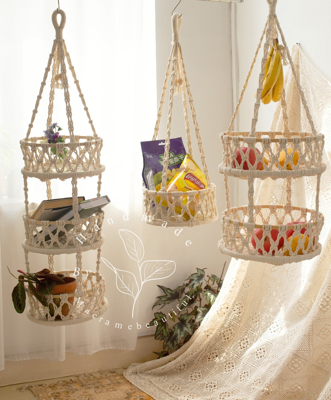 Macrame Fruit Basket With Banana Hanger Hanging Fruit Hammock Boho ...