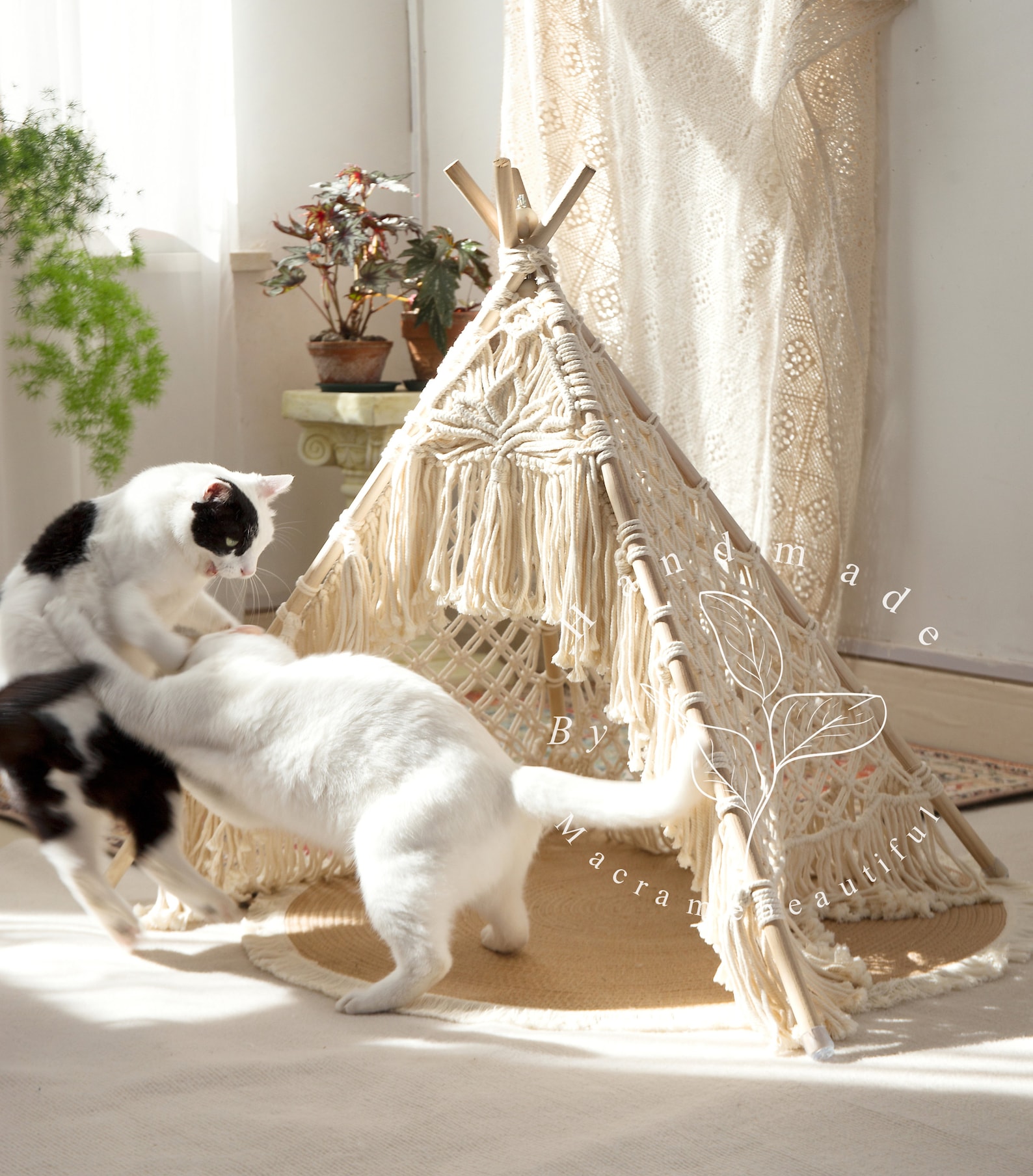 Macrame Pet Teepee With Mat Handmade Cat Tent Wooden Dog House Boho Cat Bed Macrame Pet ...