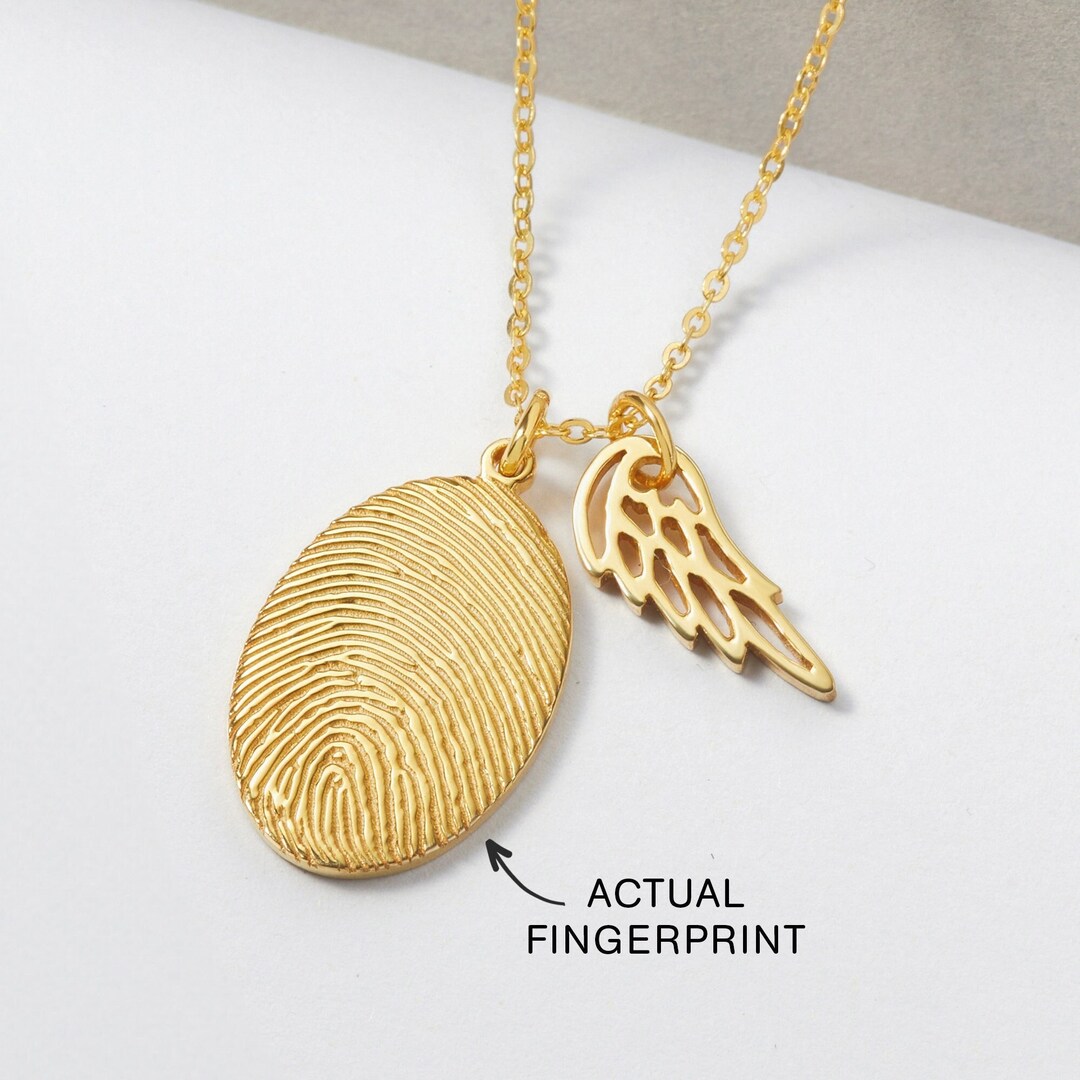 Actual Fingerprint Necklace With Angle Wing Charm, Custom Thumbprint ...