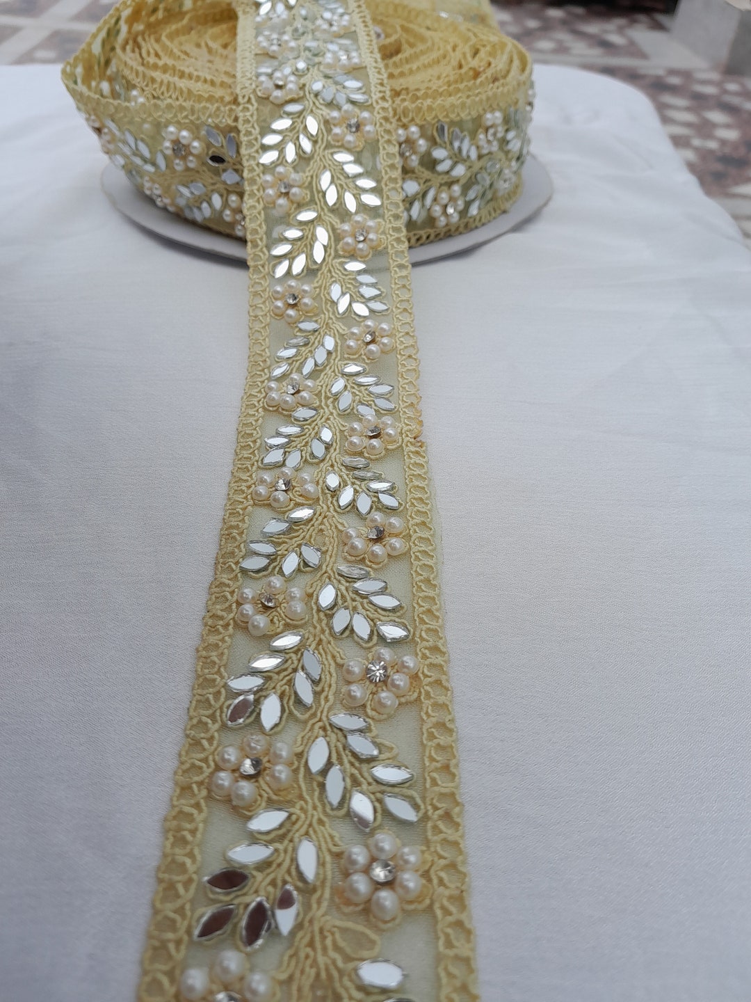Yellow Colored Lace Border Amazing Mirror and Pearl Work Hand Crafted ...