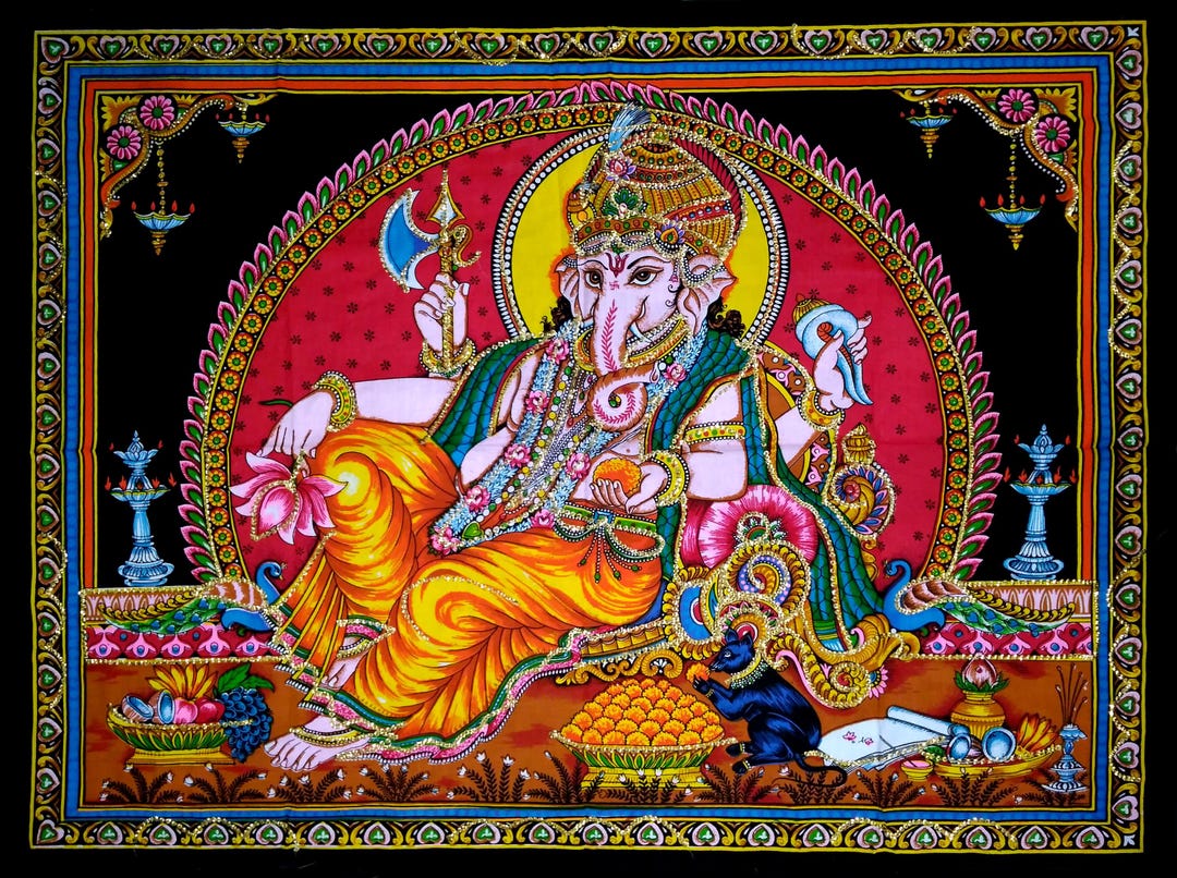 Cotton Fabric Poster Sequin Wall Hanging Lord Ganesh Poster Tapestry ...