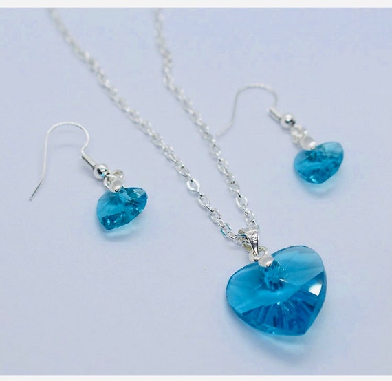 Beautiful Blue Crystal Heart Pendant Necklace Set | Etsy
