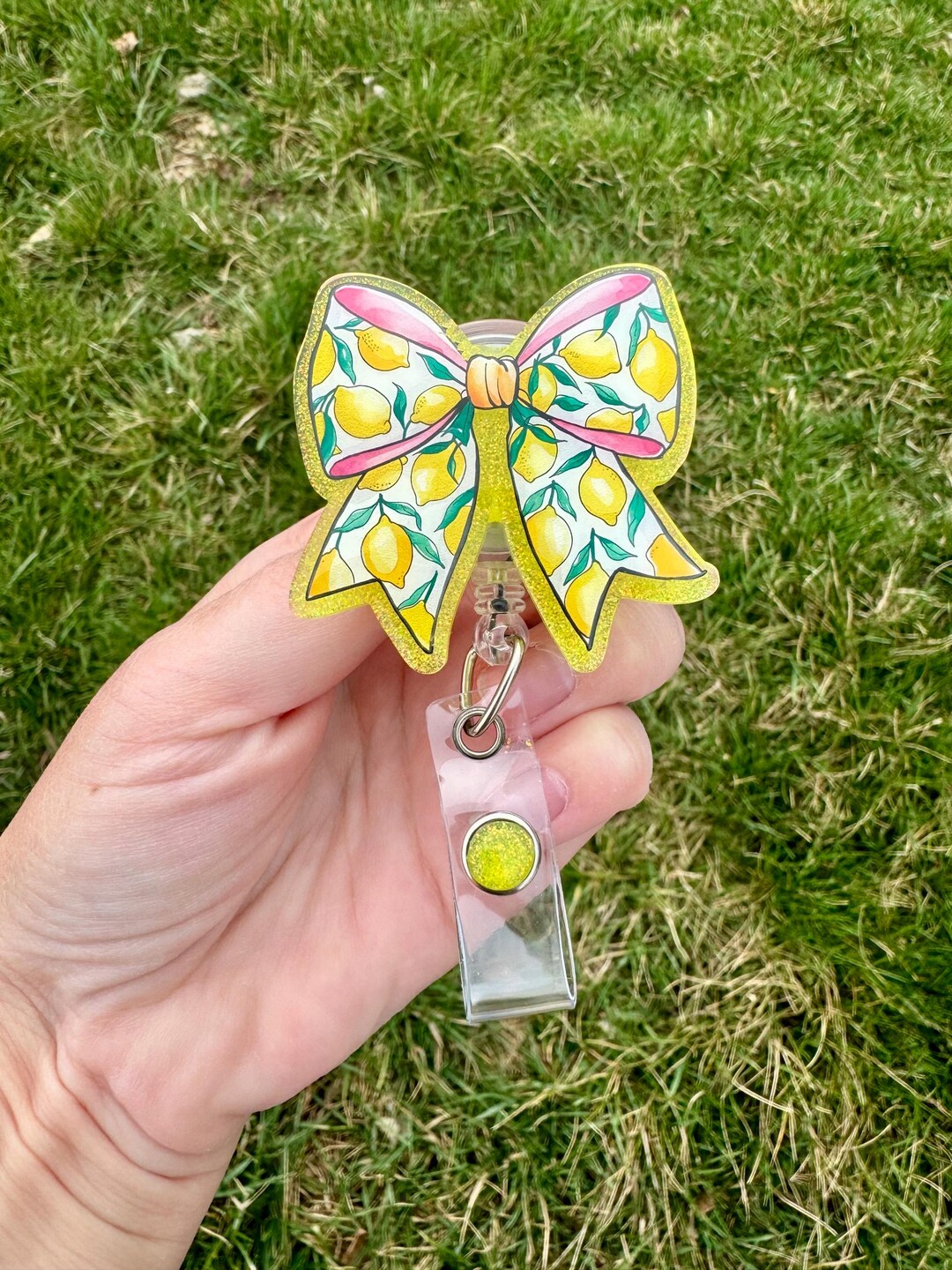 Cute Lemon Bow Glitter Badge Reel | Nurse Badge Holder | Cute Badge ...