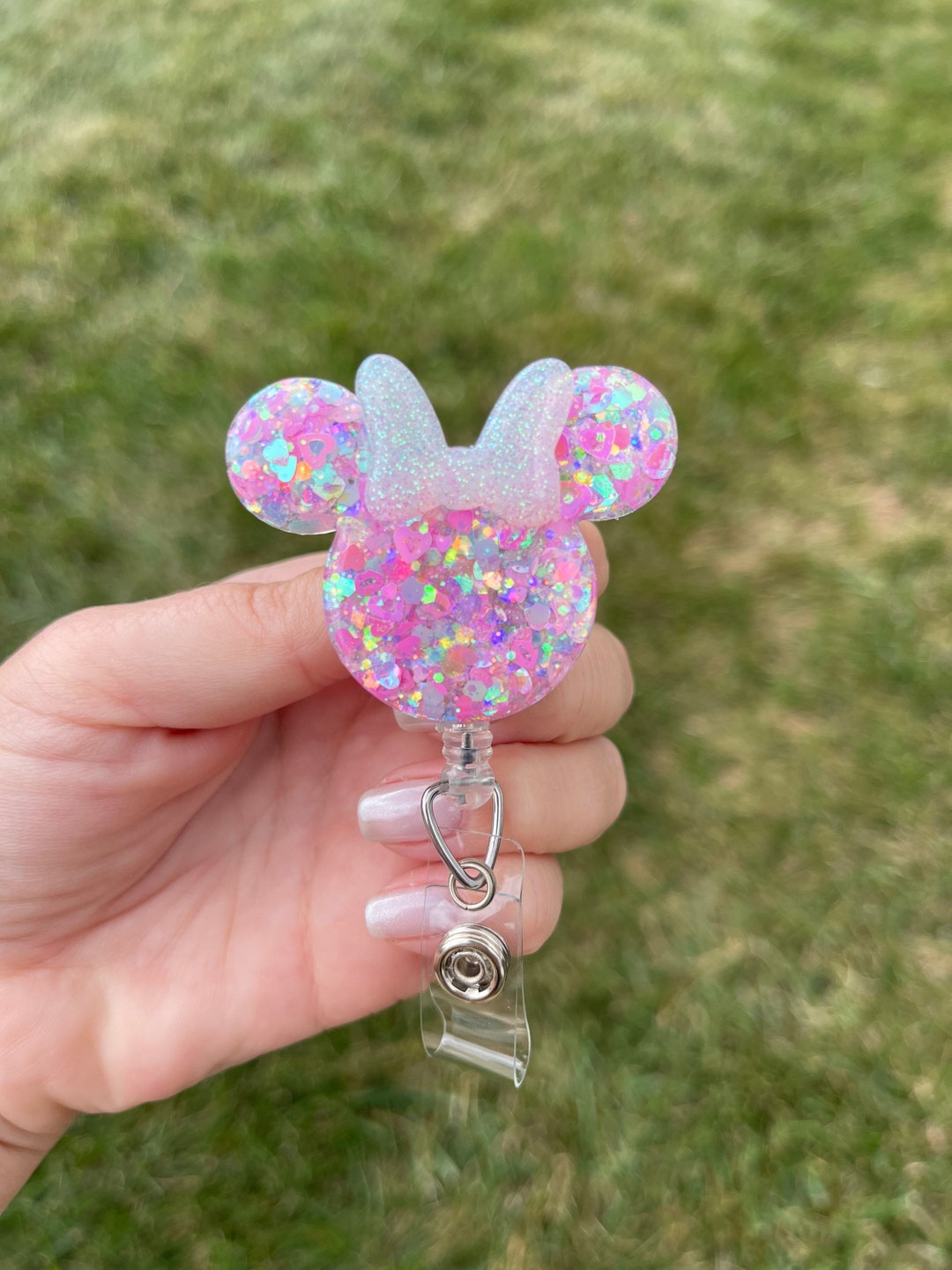 Pink Glitter Minnie Mouse Inspired Badge Reel: Retractable ID Holder - Etsy
