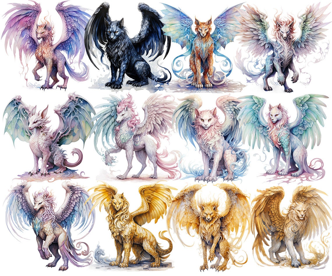 Chimera Watercolor PNG Set, Mythical Chimera of 37 Clipart Bundle ...