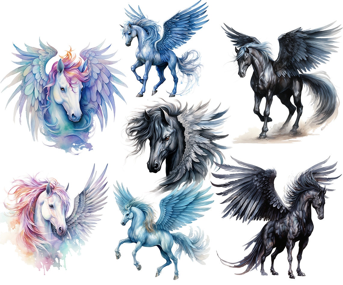 Pegasus Watercolor PNG Set, Majestic Pegasus of 14 Clipart Bundle ...