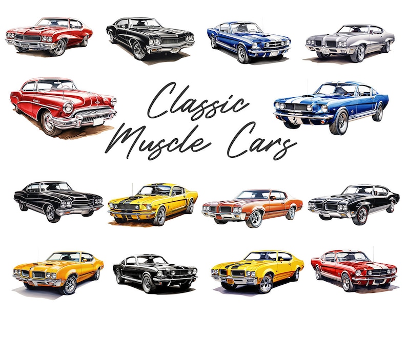 Watercolor Muscle Cars 70 PNG, Classic Vehicles Clipart Bundle, Retro ...