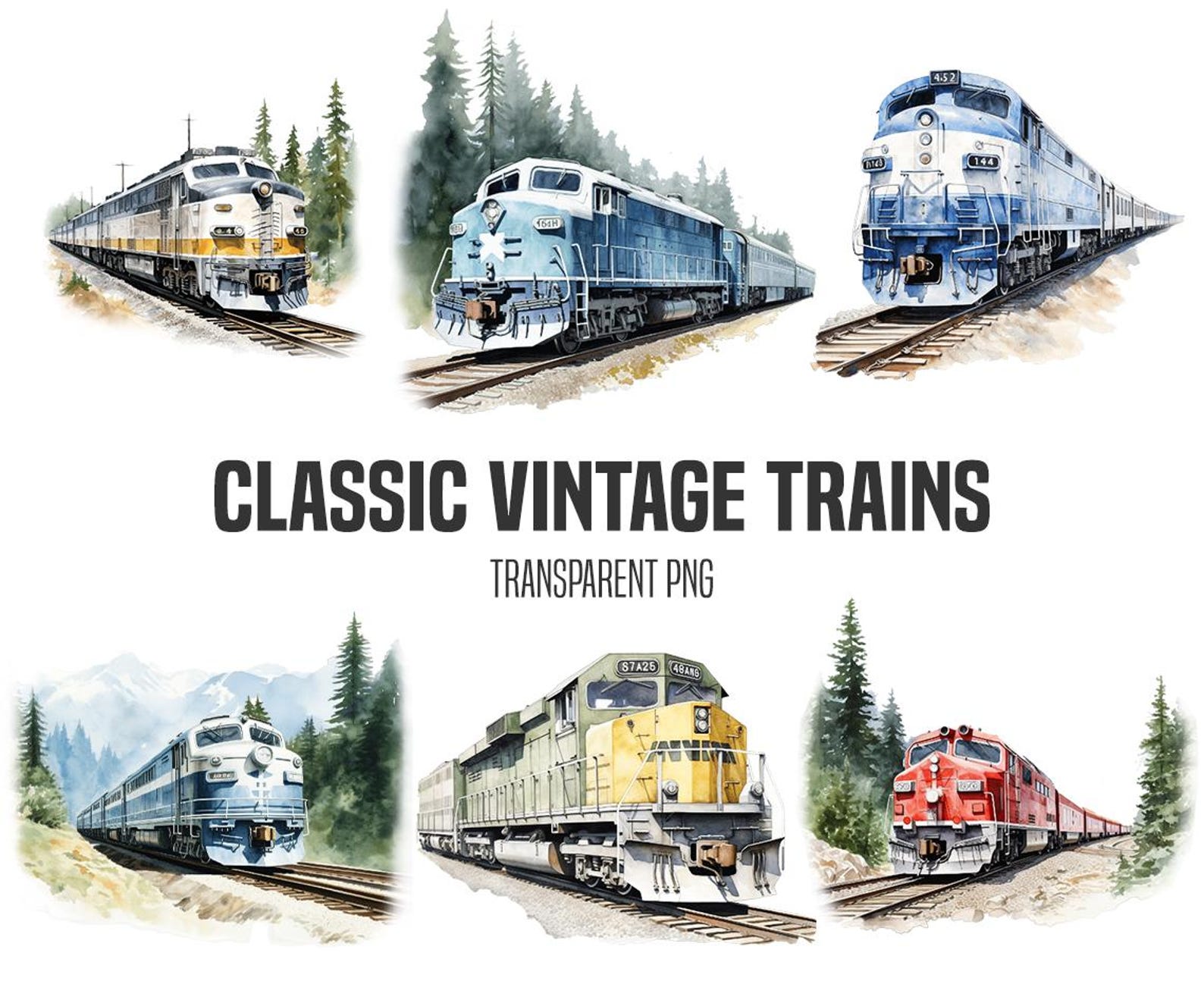 Watercolor Classic Trains 50 PNG, Vintage Train Clipart Bundle, Steam ...