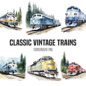 Watercolor Classic Trains 50 PNG, Vintage Train Clipart Bundle, Steam ...