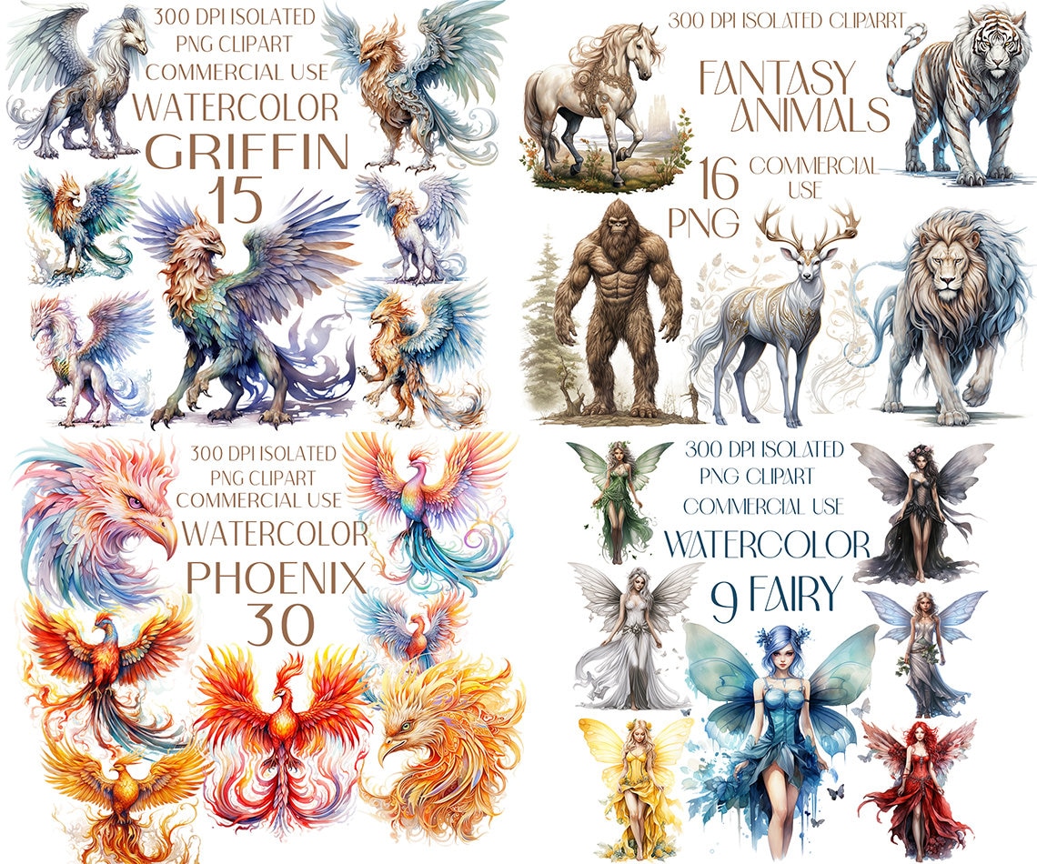 Mythical Creatures 250 Clipart Mega Bundle, Fantasy World Clipart ...
