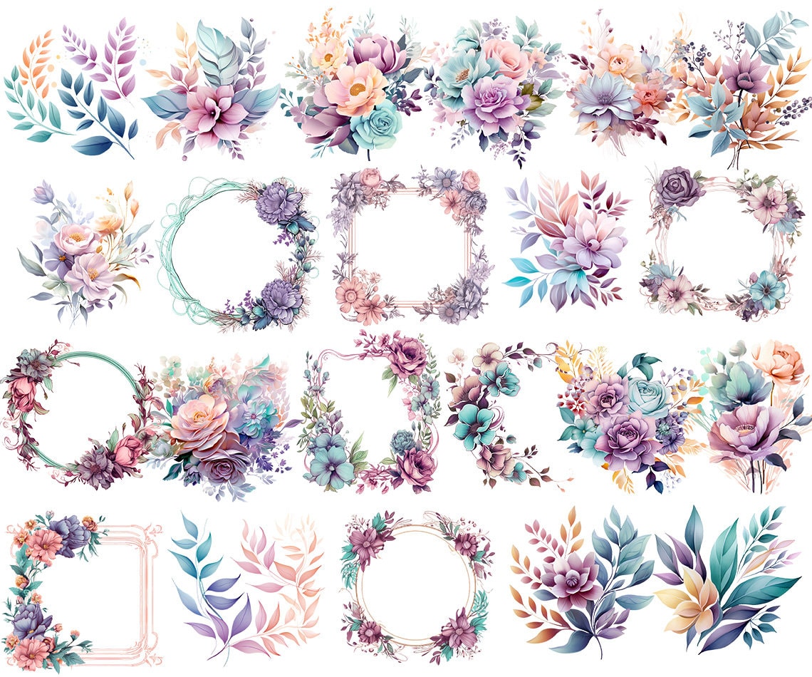 Pastel Flower PNG Frames & Corner Clipart 67 Watercolor Floral Clip Art ...