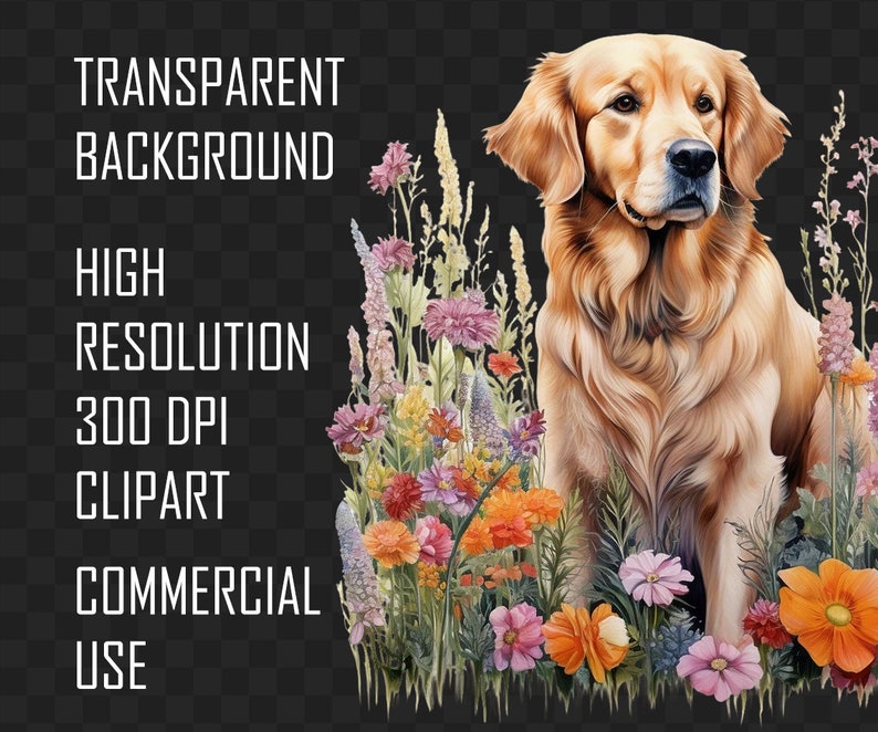 Floral Golden Retriever PNG Clipart Bundle - 50 Watercolor Golden ...