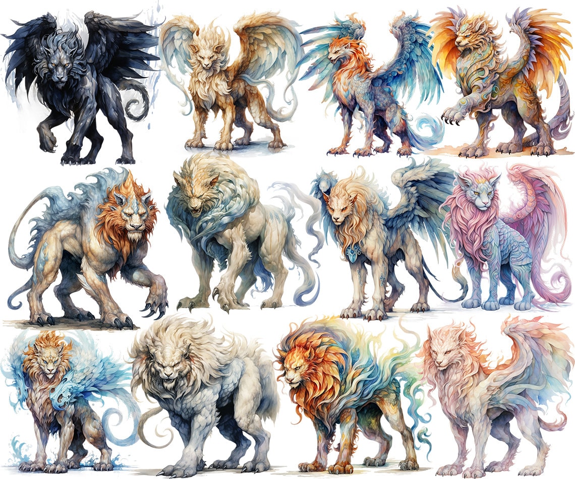 Chimera Watercolor PNG Set, Mythical Chimera of 37 Clipart Bundle ...