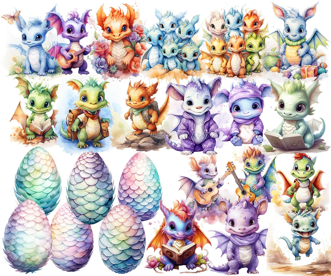 Cute Baby Dragon Pngs 100 Watercolor Dragon Hoard Clipart - Etsy