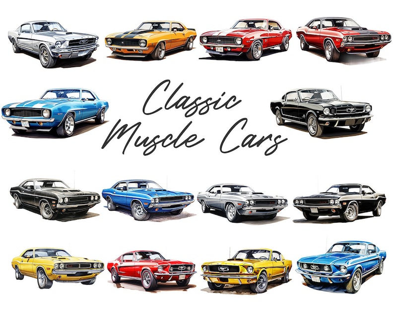 Watercolor Muscle Cars 70 PNG, Classic Vehicles Clipart Bundle, Retro ...