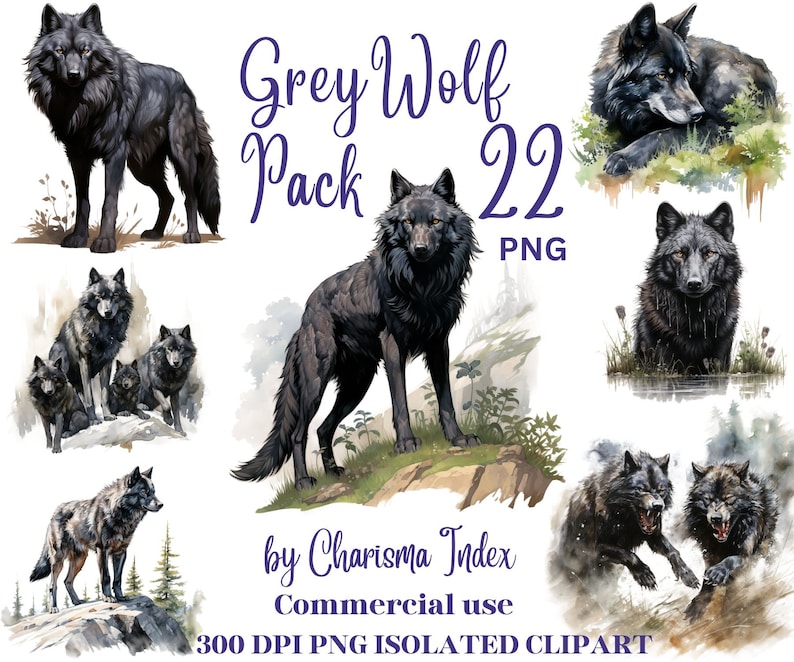 Watercolor Gray Wolf Pack PNG, Wolf Clipart Bundle, Wolf Sublimation ...
