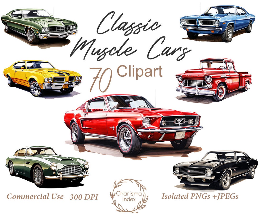 Watercolor Muscle Cars 70 PNG, Classic Vehicles Clipart Bundle, Retro ...